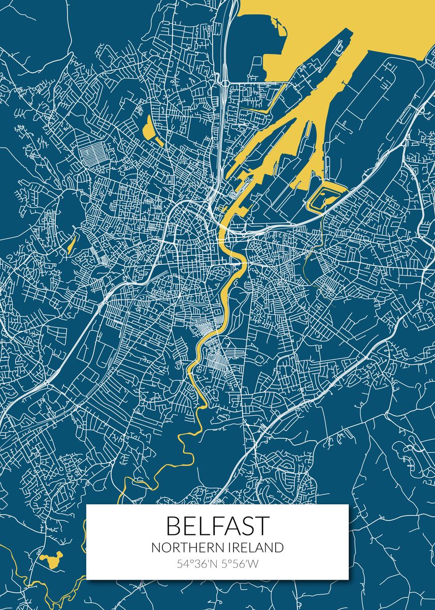 'Belfast Map Blue Yellow' Poster, picture, metal print, paint by ...