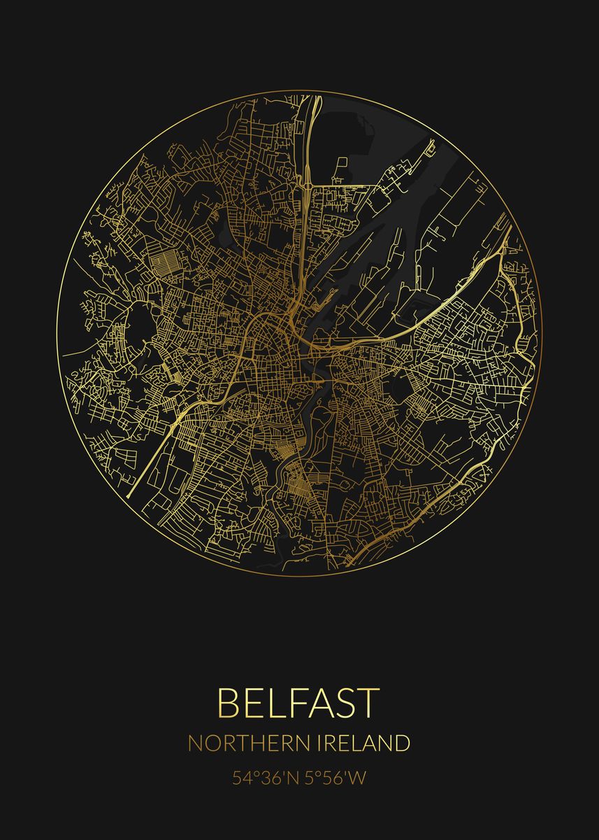 'Belfast Black Gold Map' Poster, picture, metal print, paint by ...