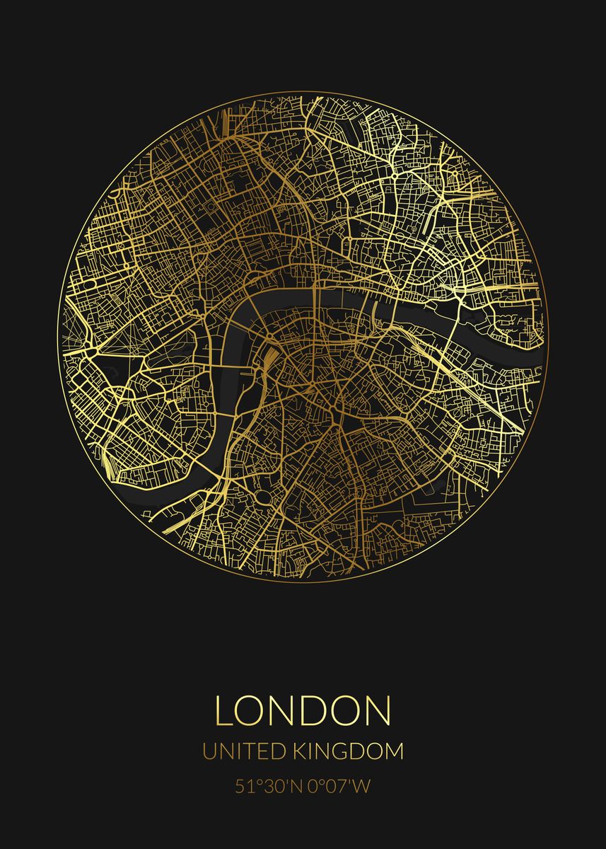 'London Black Gold Map' Poster, picture, metal print, paint by dkDesign ...