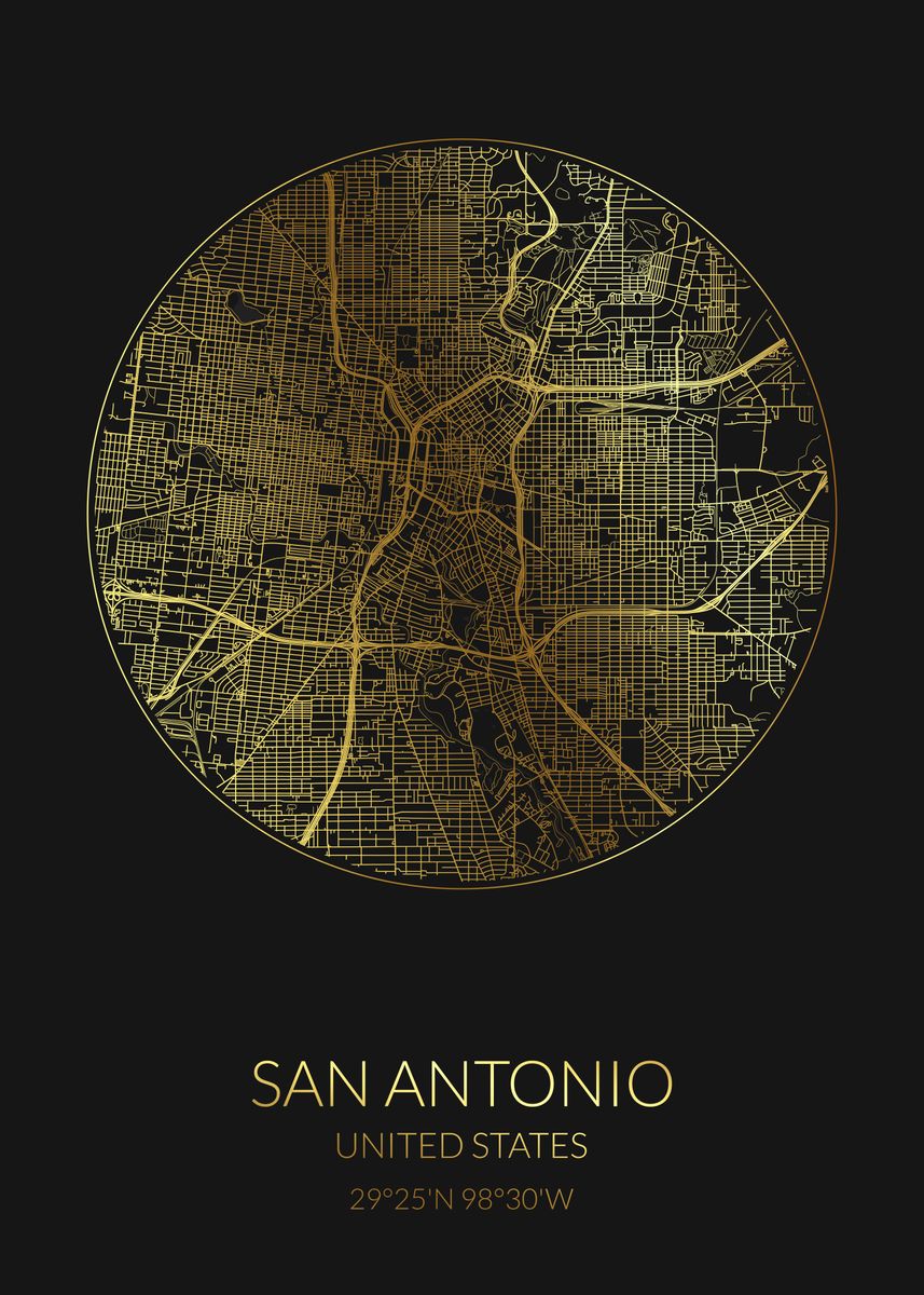 'San Antonio Black Gold Map' Poster, picture, metal print, paint by dkDesign | Displate