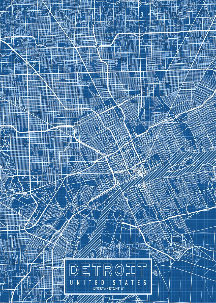 'Detroit City Map Blueprint' Poster, picture, metal print, paint by ...