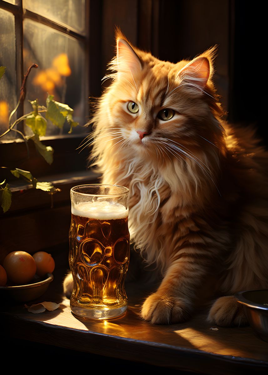 'Cat Beer' Poster, picture, metal print, paint by Mounier Wanjak | Displate