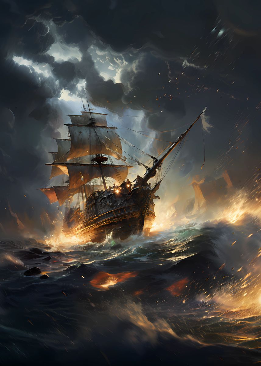 'Sailship under fire' Poster, picture, metal print, paint by Kai ...