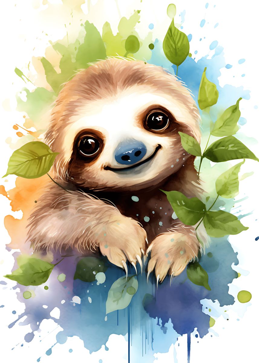 'Cute Watercolor Sloth' Poster, picture, metal print, paint by Dennex ...