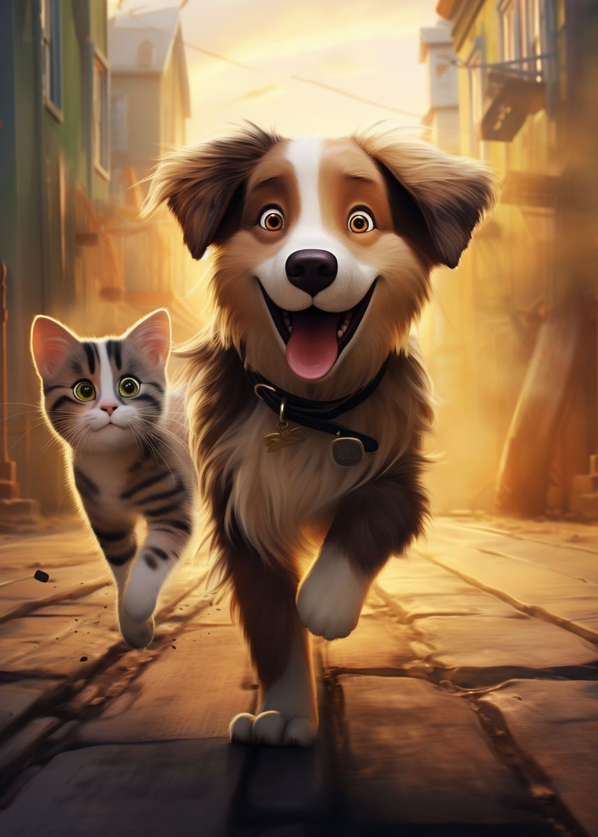 'Happy Dog and Cat' Poster, picture, metal print, paint by Absuro ...