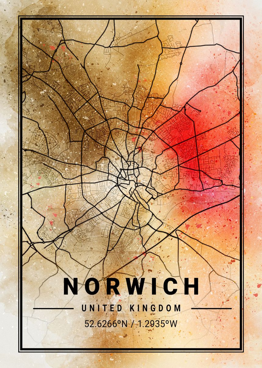 'Norwich Ara Watercolor Map' Poster, picture, metal print, paint by ...