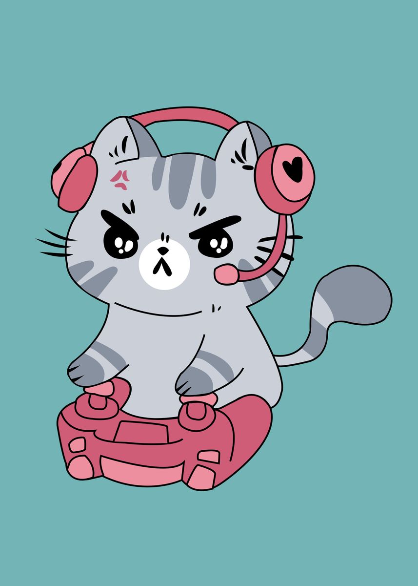 'gamer cat' Poster, picture, metal print, paint by Peter Li | Displate