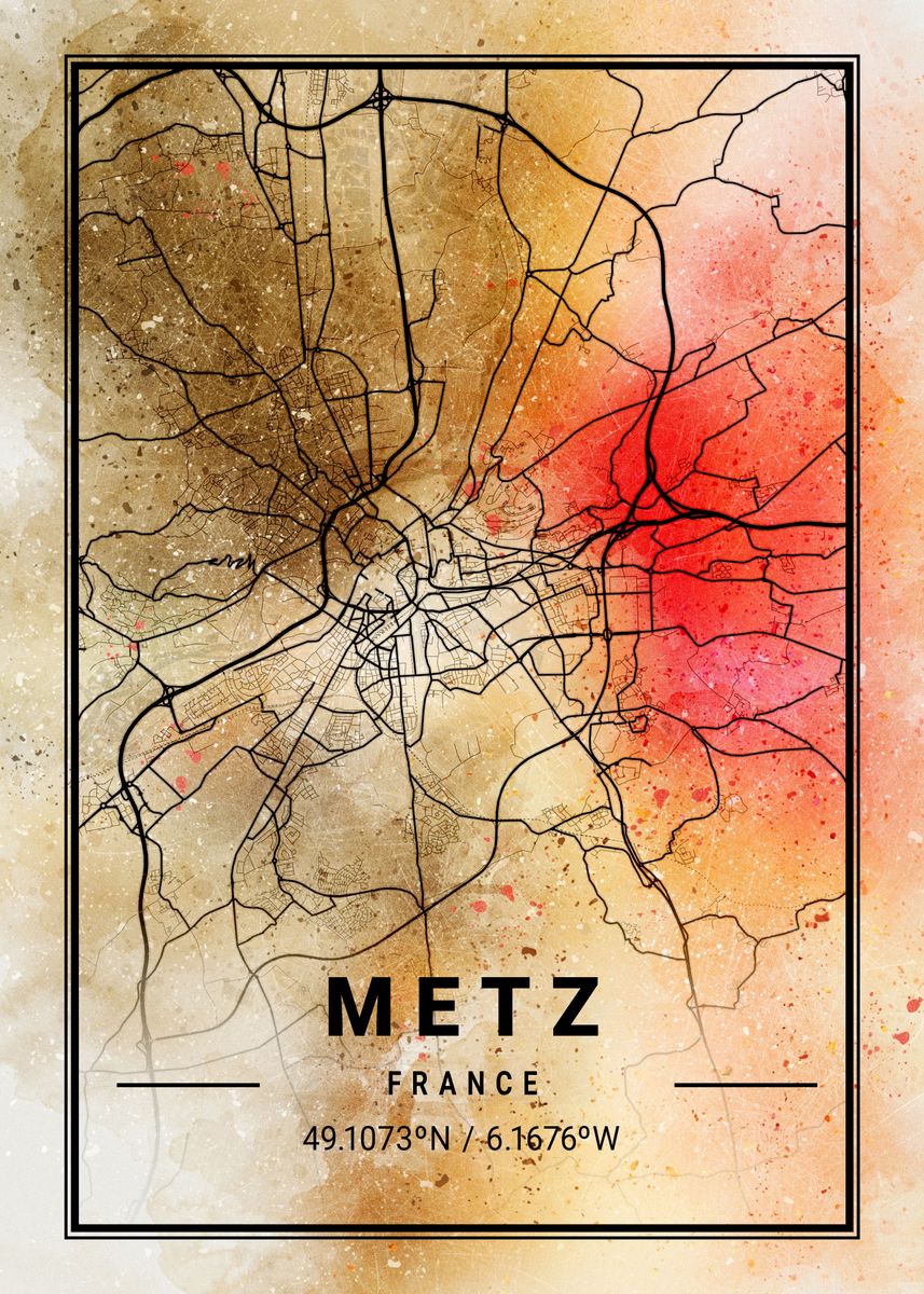 'Metz Ara Watercolor Map' Poster, picture, metal print, paint by Tien ...