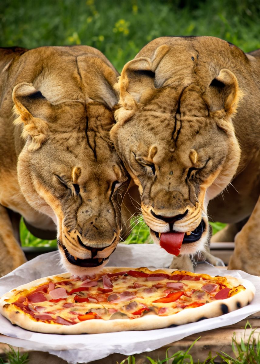 'Two lions eating a pizza ' Poster, picture, metal print, paint by Don ...