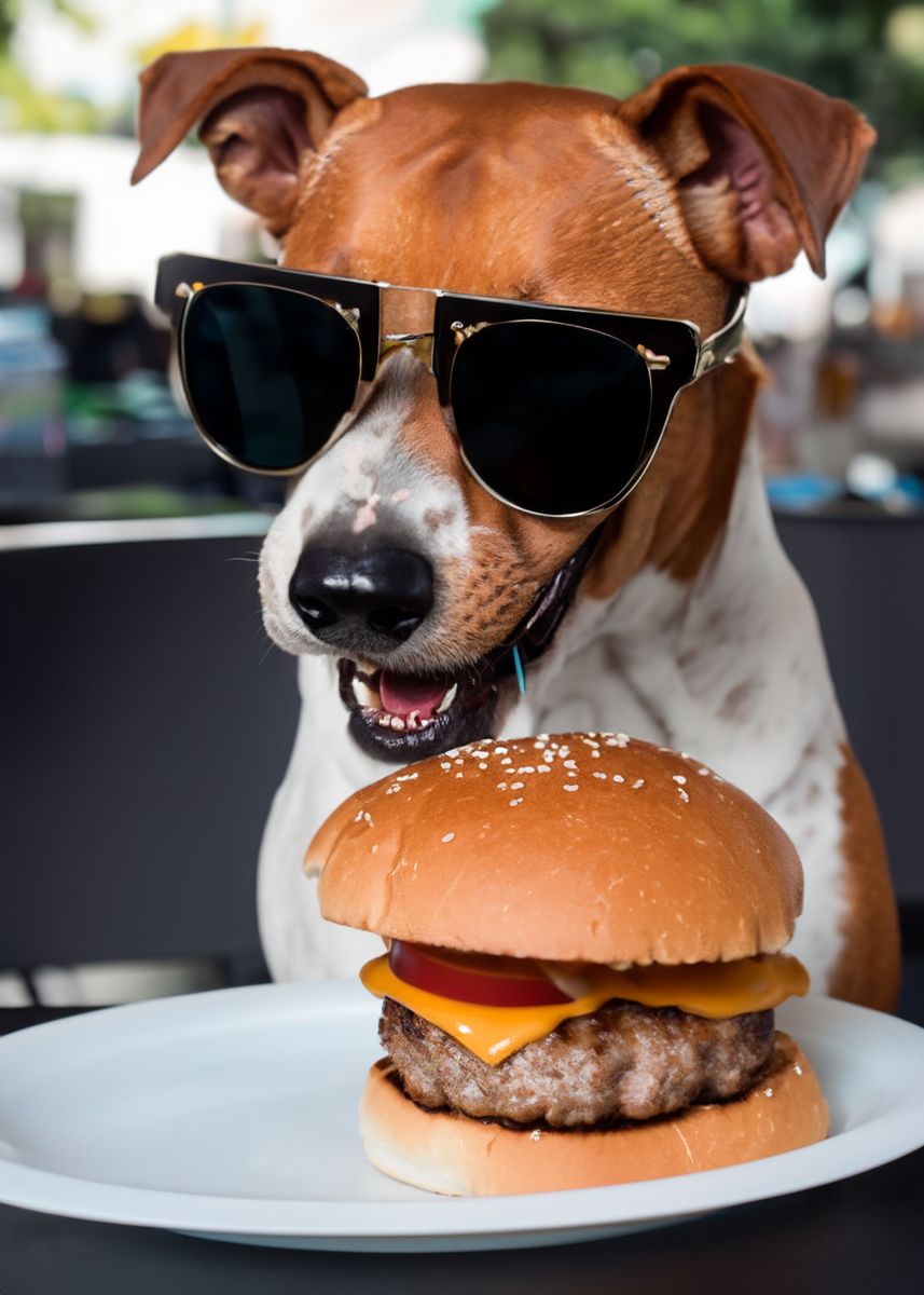 'Dog eating a hamburger ' Poster, picture, metal print, paint by Don ...