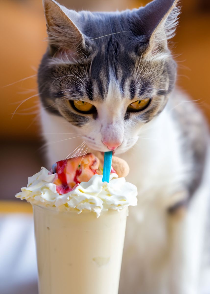 'Cat drinking a milkshake ' Poster, picture, metal print, paint by Don ...