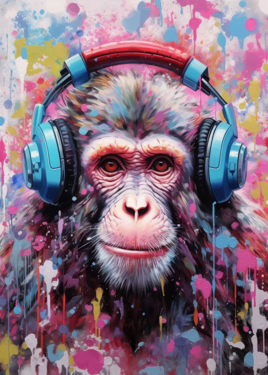 'Macaque with Headphones' Poster, picture, metal print, paint by Frank ...