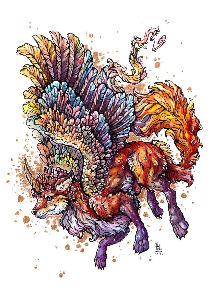 'winged Fox unicorn pegasus' Poster, picture, metal print, paint by ...