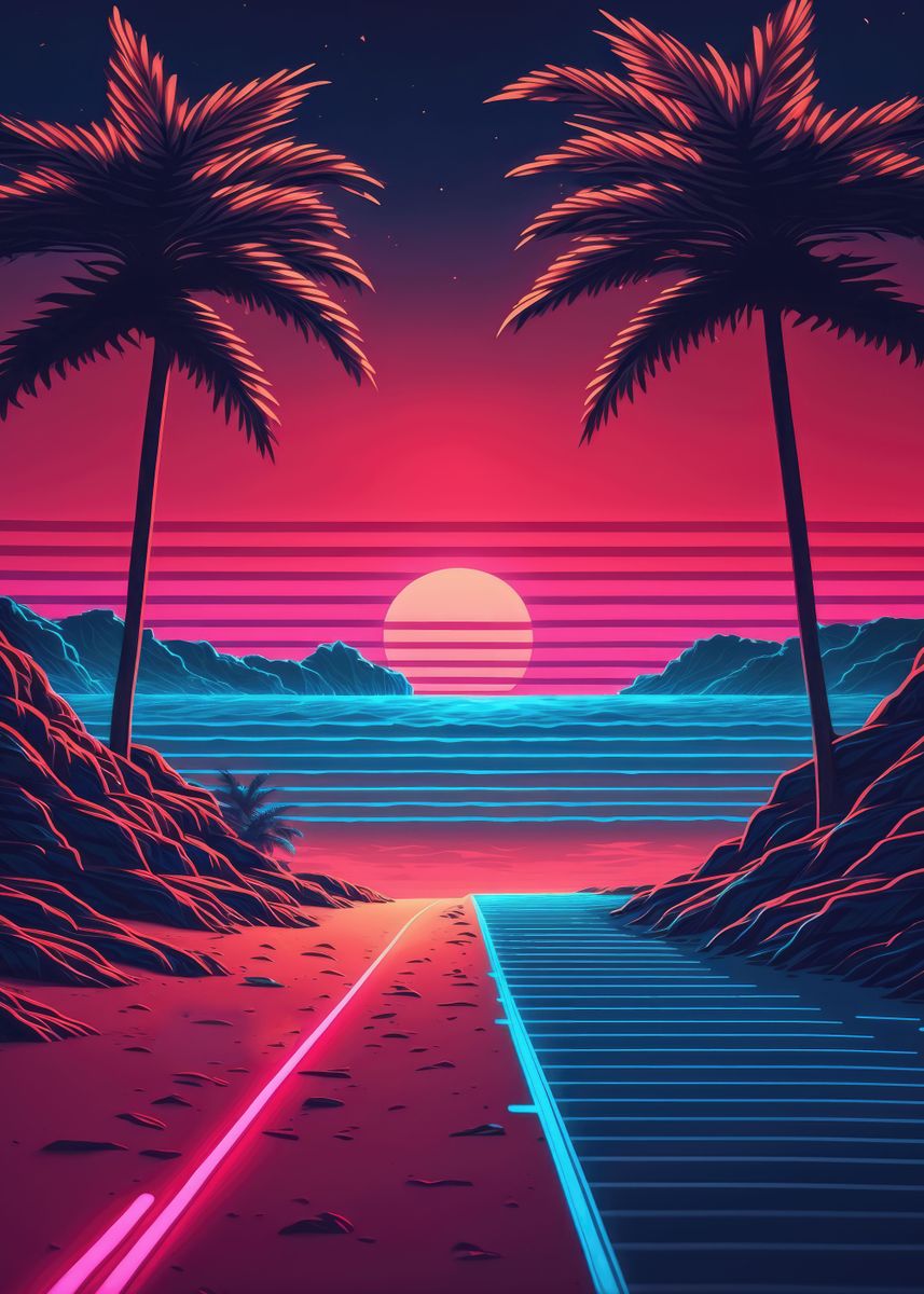 'Neon beach sunset' Poster by MCAshe Art | Displate