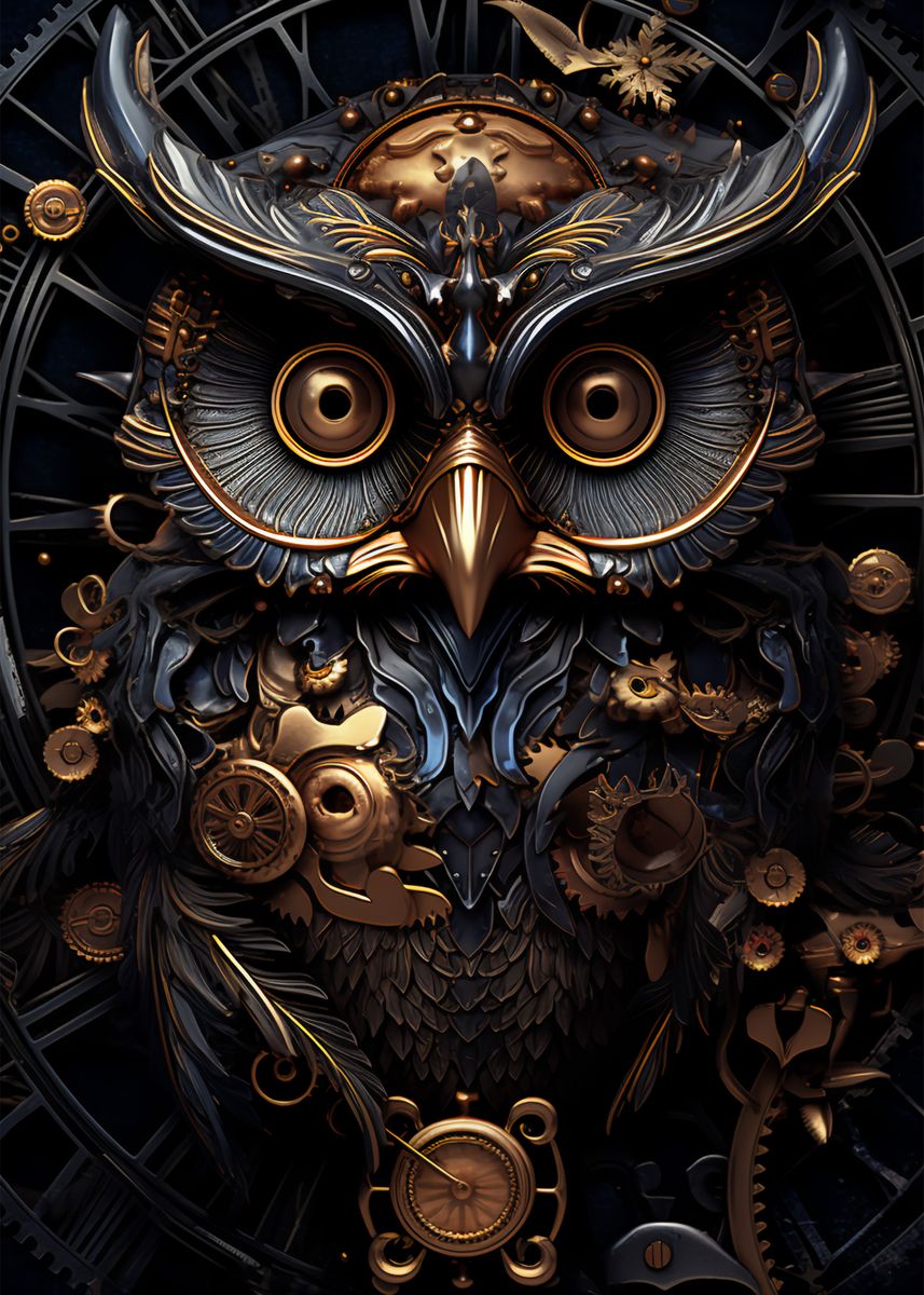 'Owl Steampunk' Poster, picture, metal print, paint by Xenia Headley | Displate