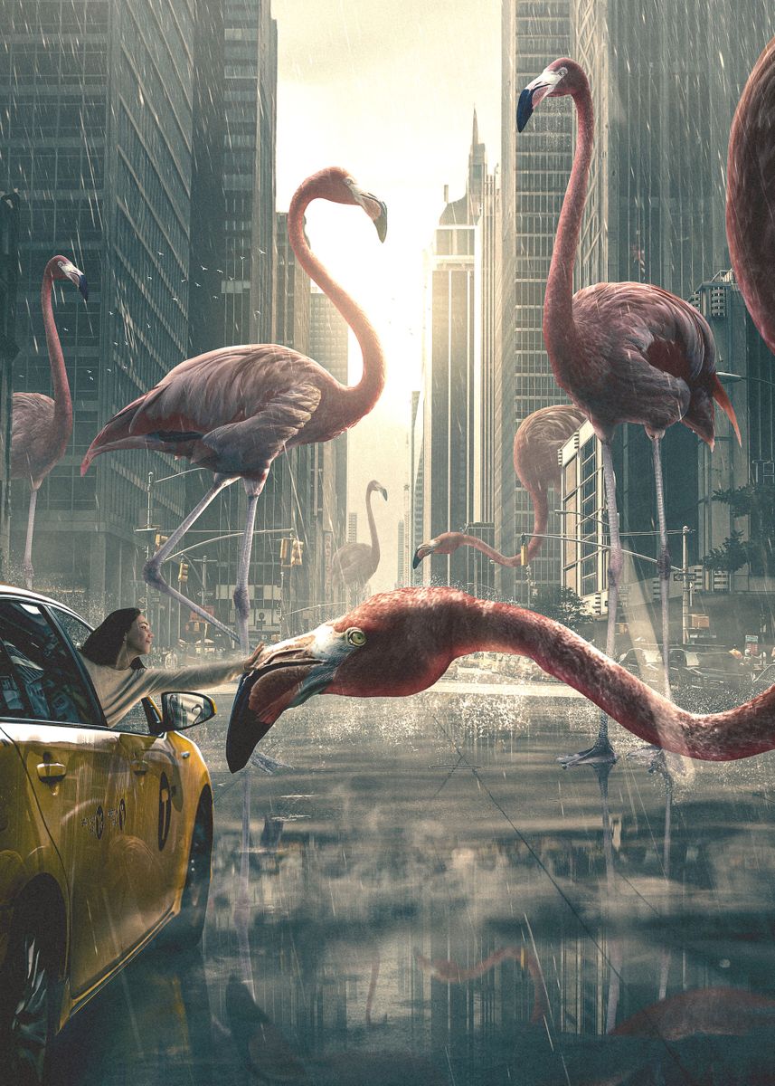 'Flamingo City' Poster, picture, metal print, paint by Adam Cousins ...