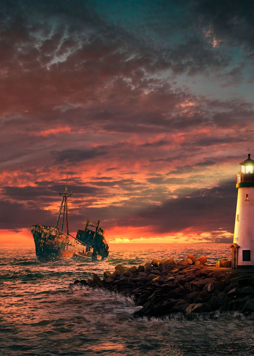 'Shipwreck Lighthouse' Poster, picture, metal print, paint by Shaheen ...