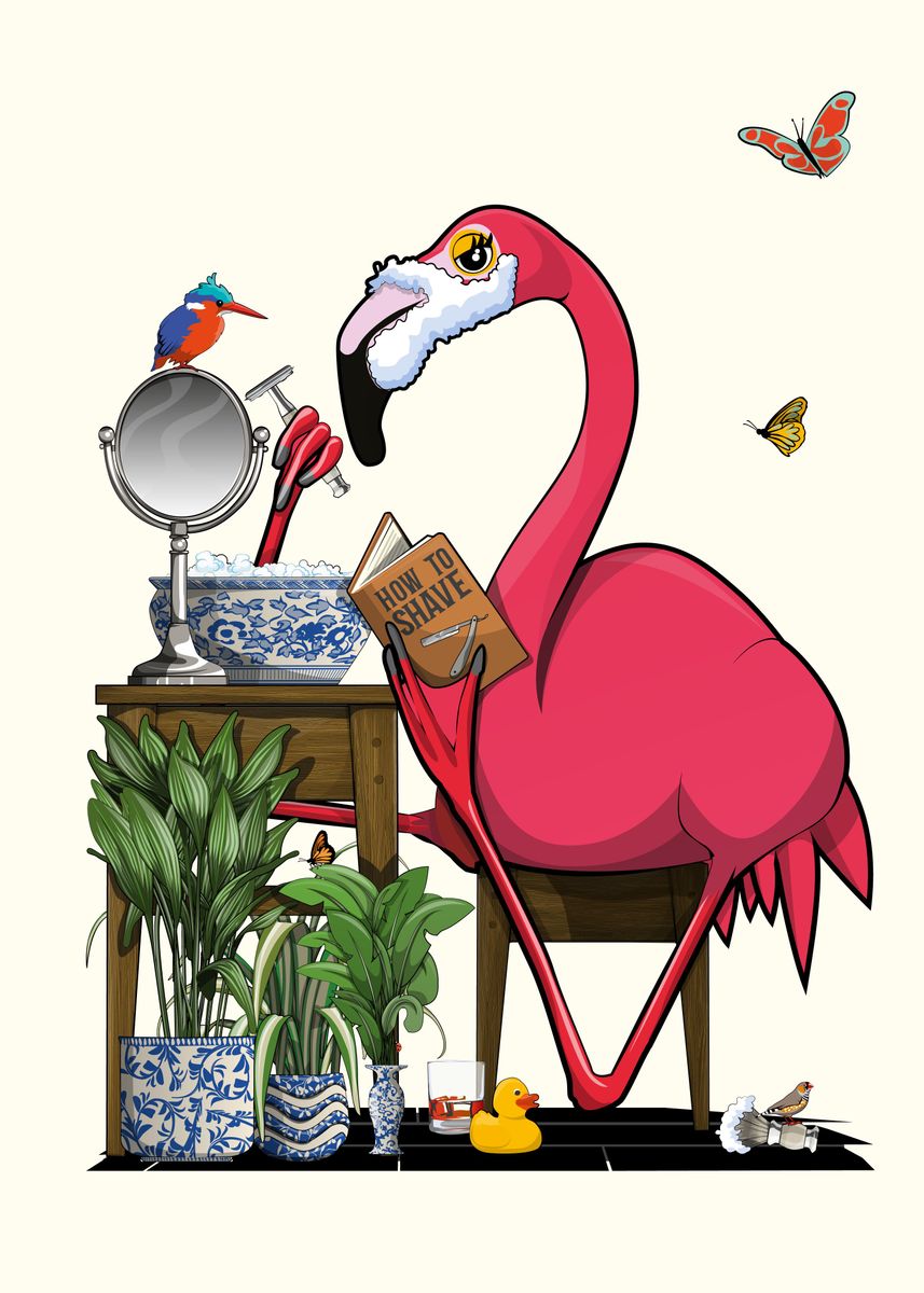 'Flamingo Shaving Beard' Poster, picture, metal print, paint by InTheWashroom | Displate