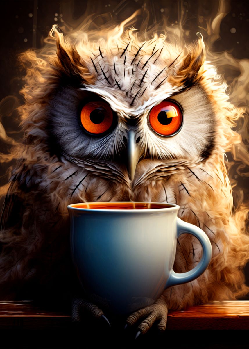'Funny Owl Drink Coffee' Poster, picture, metal print, paint by Bioen ...