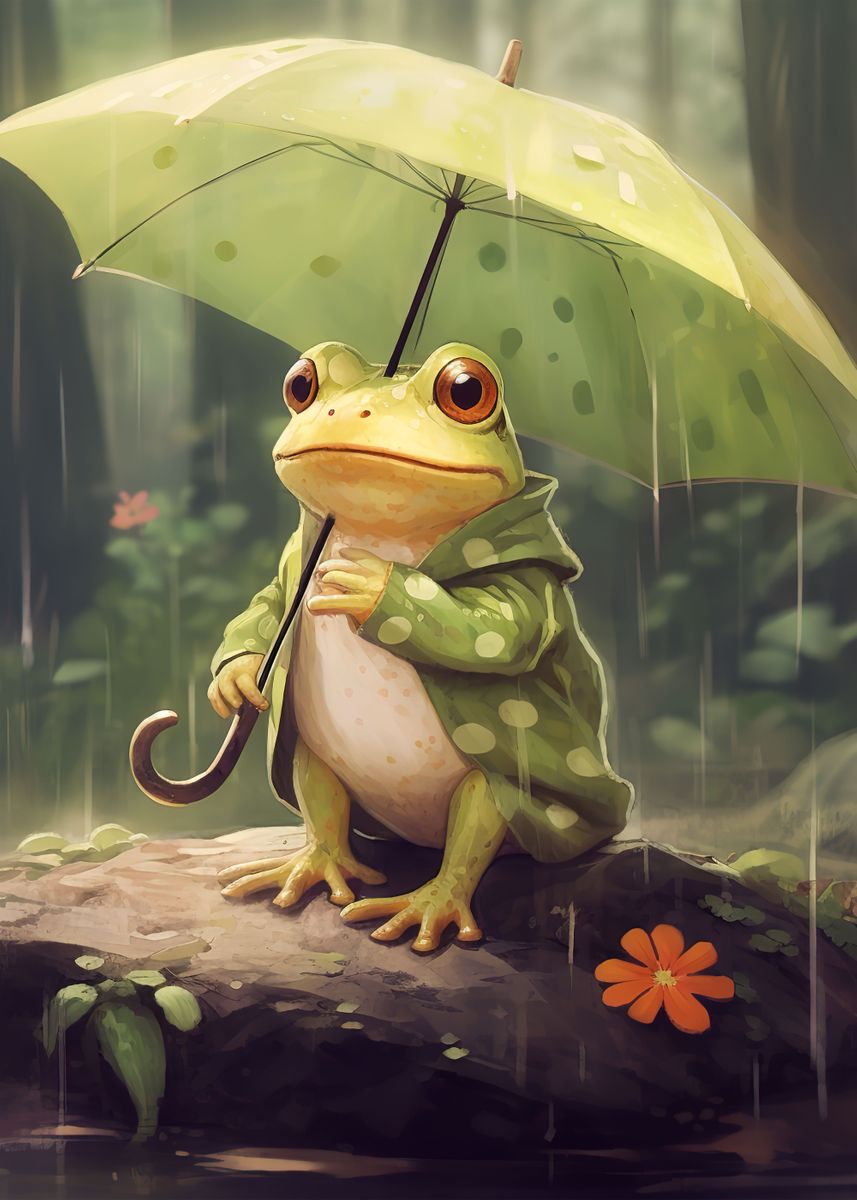 'Happy Frog Rain Cute ' Poster, picture, metal print, paint by ...