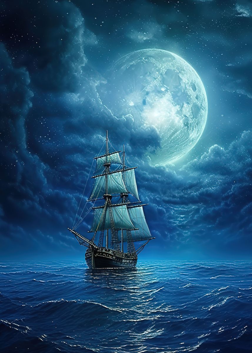 'boat night moon ' Poster, picture, metal print, paint by Patsy Montoya ...