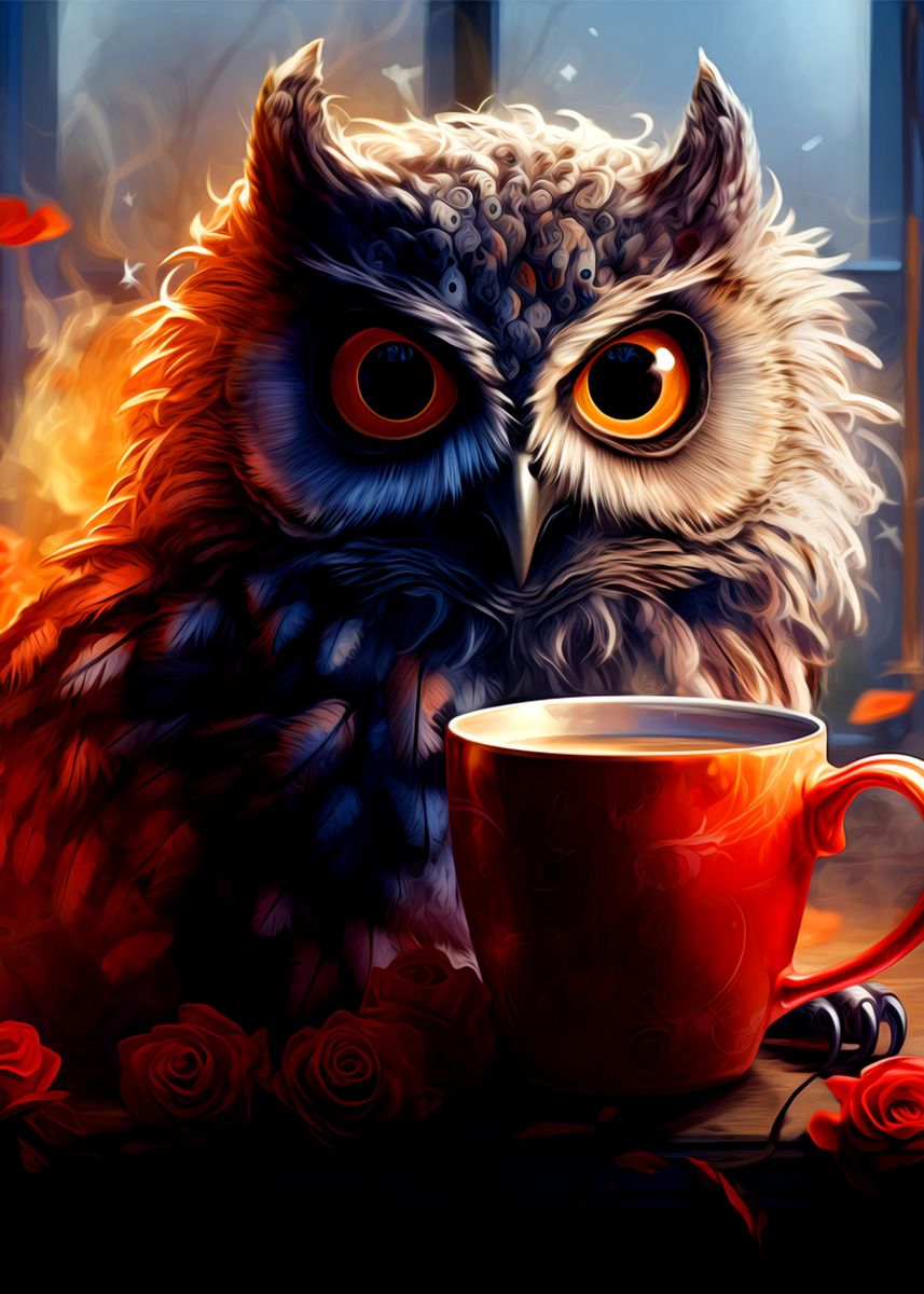 'Funny Owl Drink Coffee' Poster, picture, metal print, paint by Bioen ...