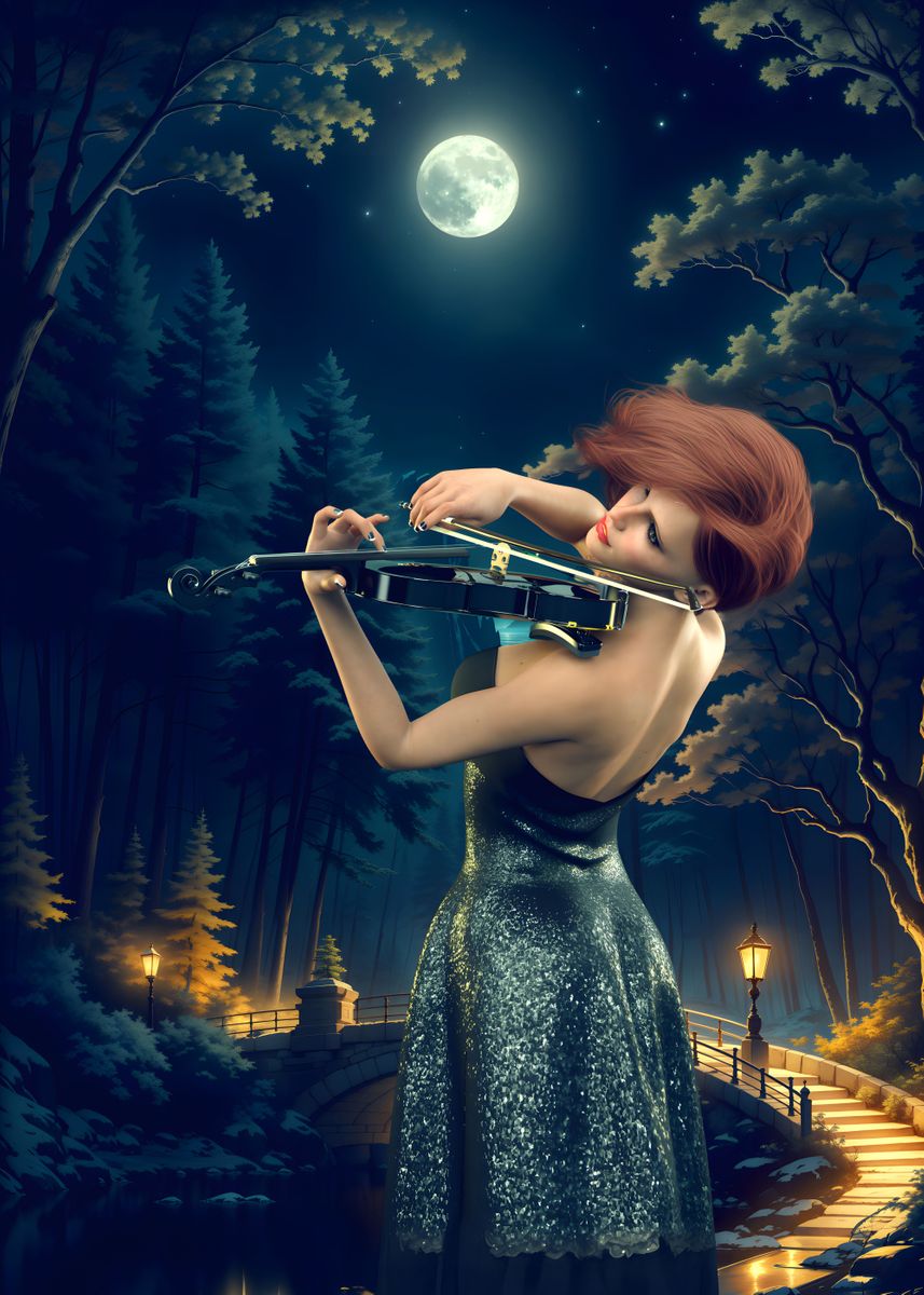 'Girl violinist in night' Poster, picture, metal print, paint by ...