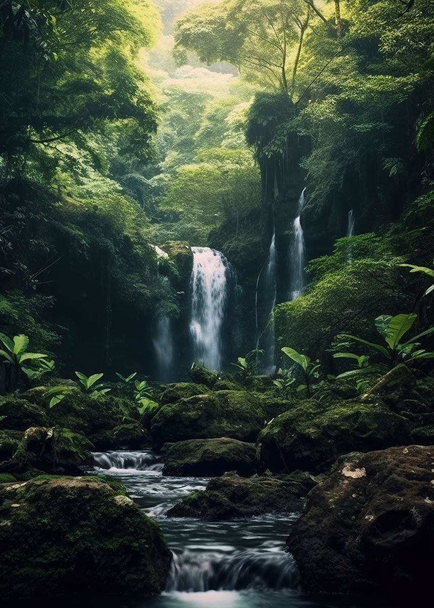 'waterfall in forest nature' Poster, picture, metal print, paint by ...