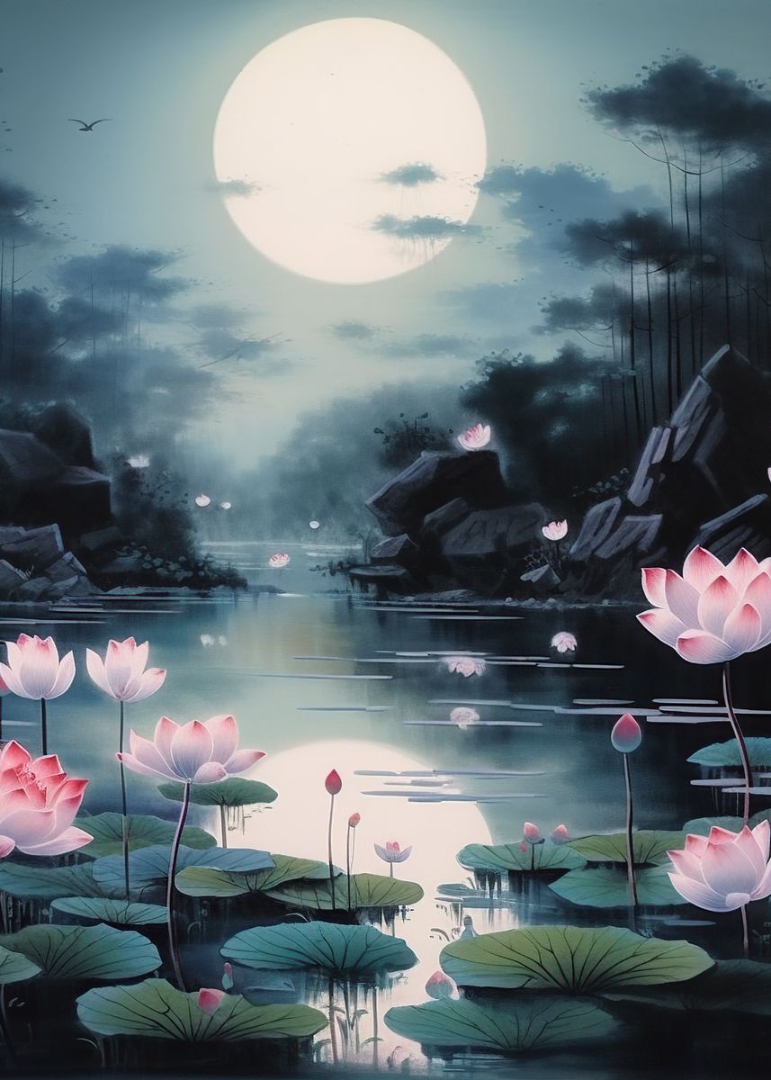 'Lotus Pond Moonlight' Poster, picture, metal print, paint by Kiana ...