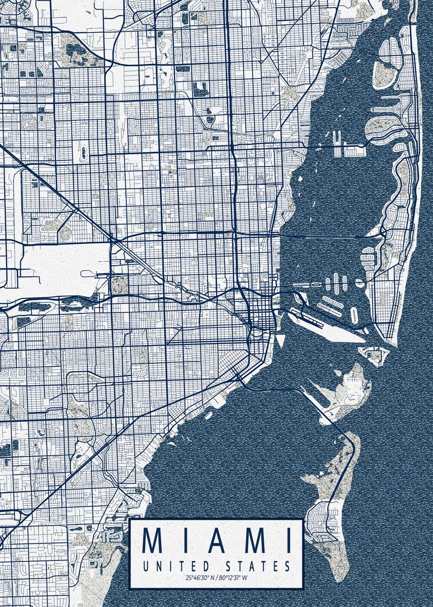 'Miami City Map Coastal' Poster, picture, metal print, paint by deMAP ...