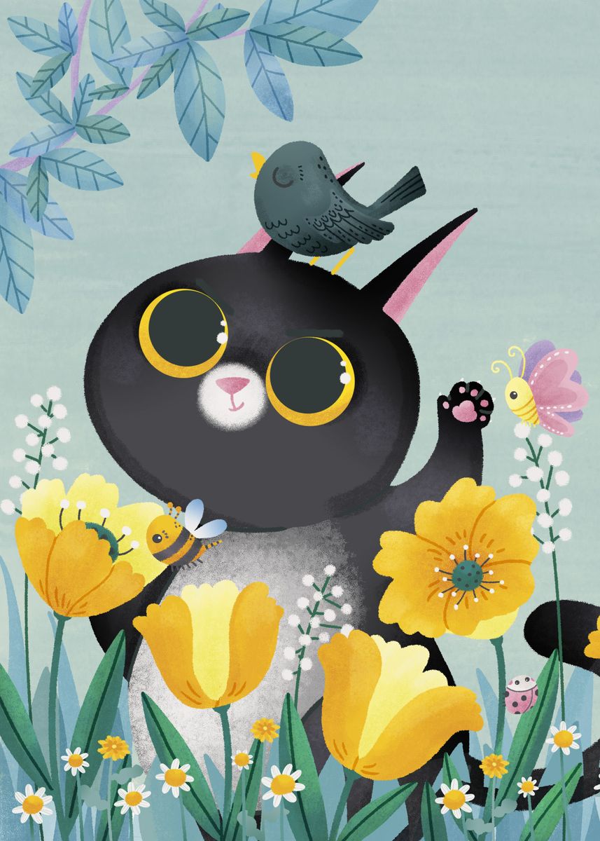 'black cat chasing birds' Poster, picture, metal print, paint by Angela ...