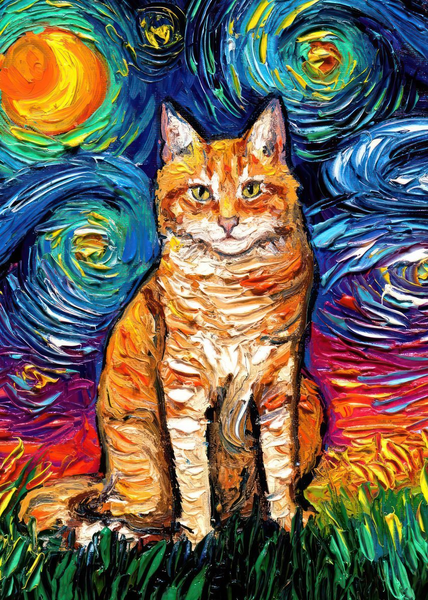 'The Starry Night Black Cat' Poster, picture, metal print, paint by ...