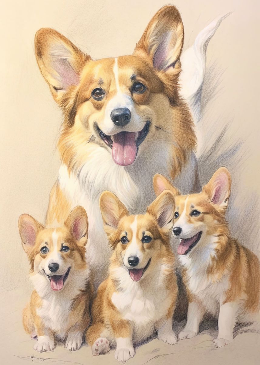 'Corgi Family Sketch' Poster, picture, metal print, paint by Frank ...
