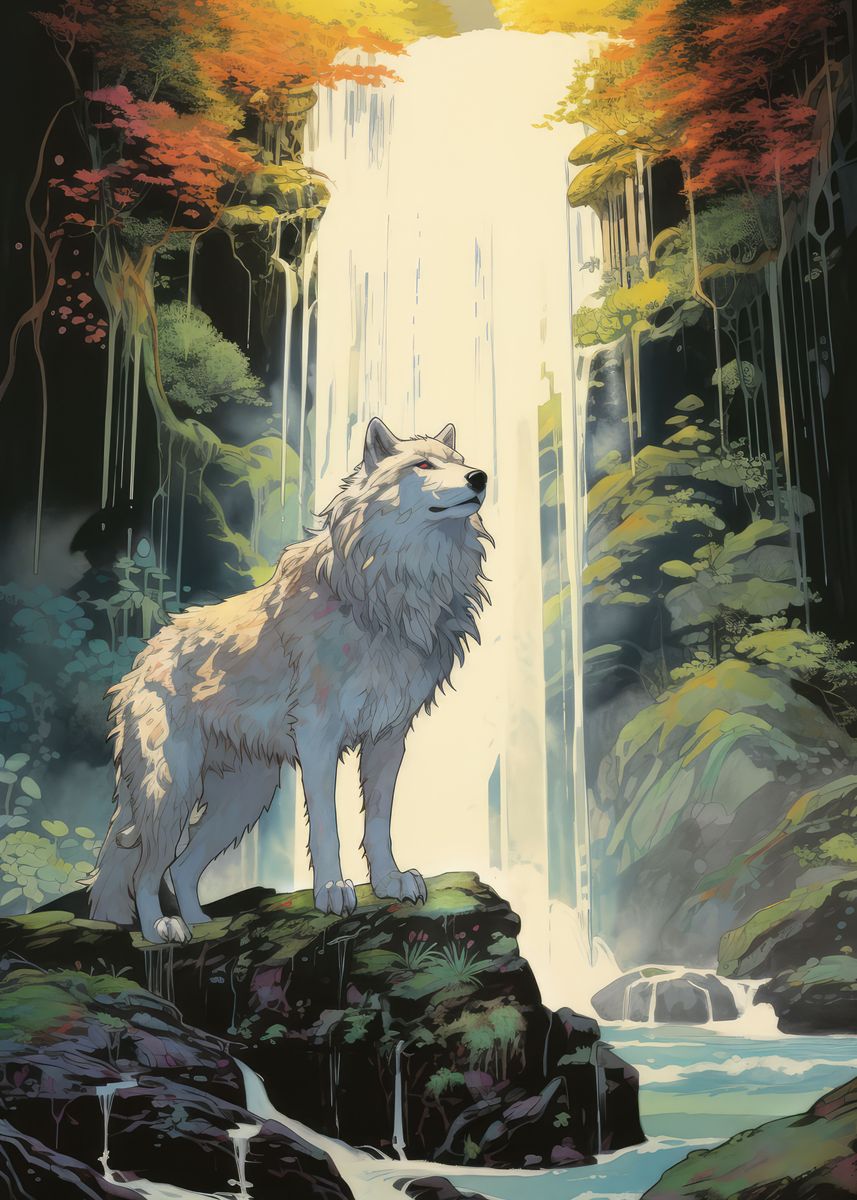 'A Wolf at The Waterfall' Poster, picture, metal print, paint by ...