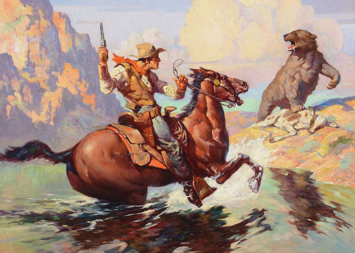 'Cowboy Hunting Grizzly ' Poster by Makanaki | Displate