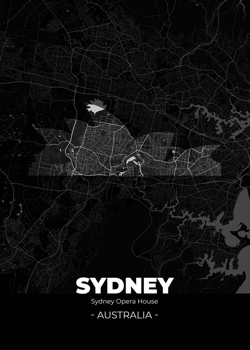 'Sydney City Map Black' Poster, picture, metal print, paint by Insaniel ...