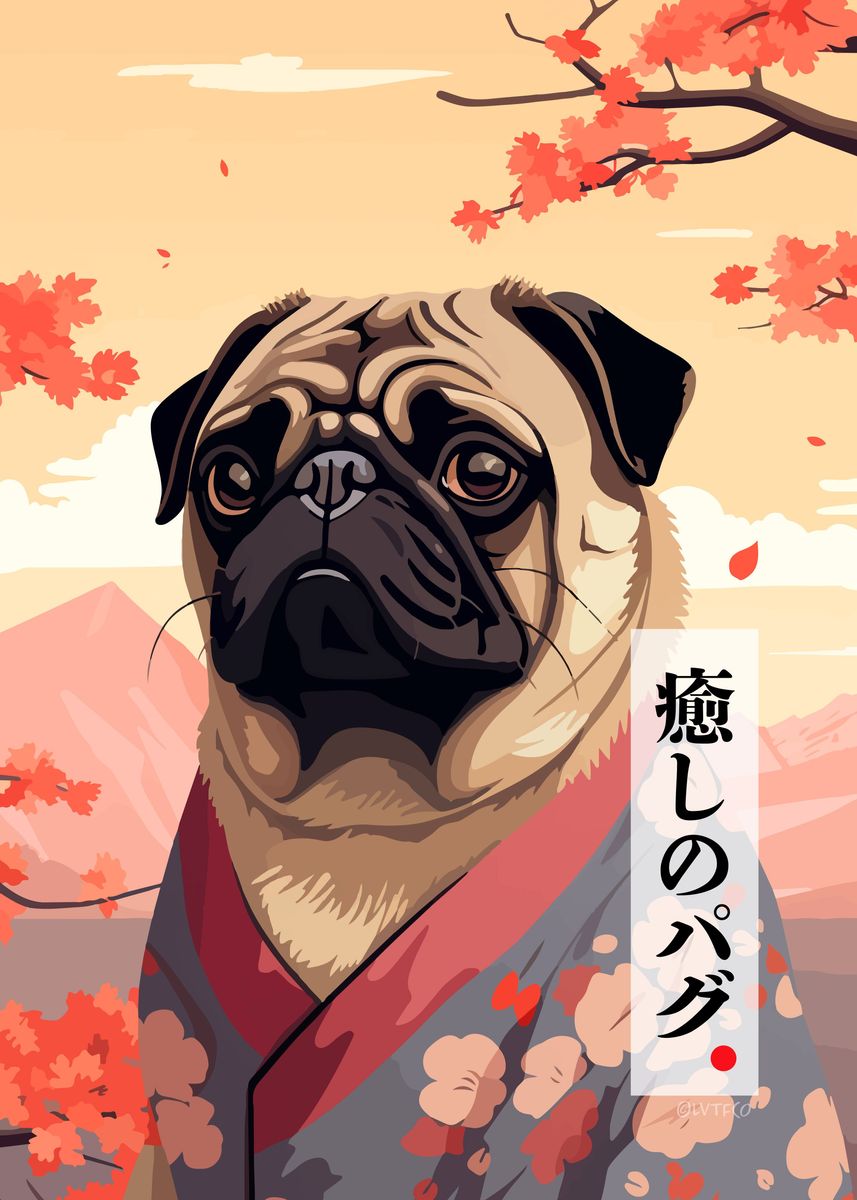 'Pug Kimono Japan' Poster, picture, metal print, paint by LVTFCO | Displate
