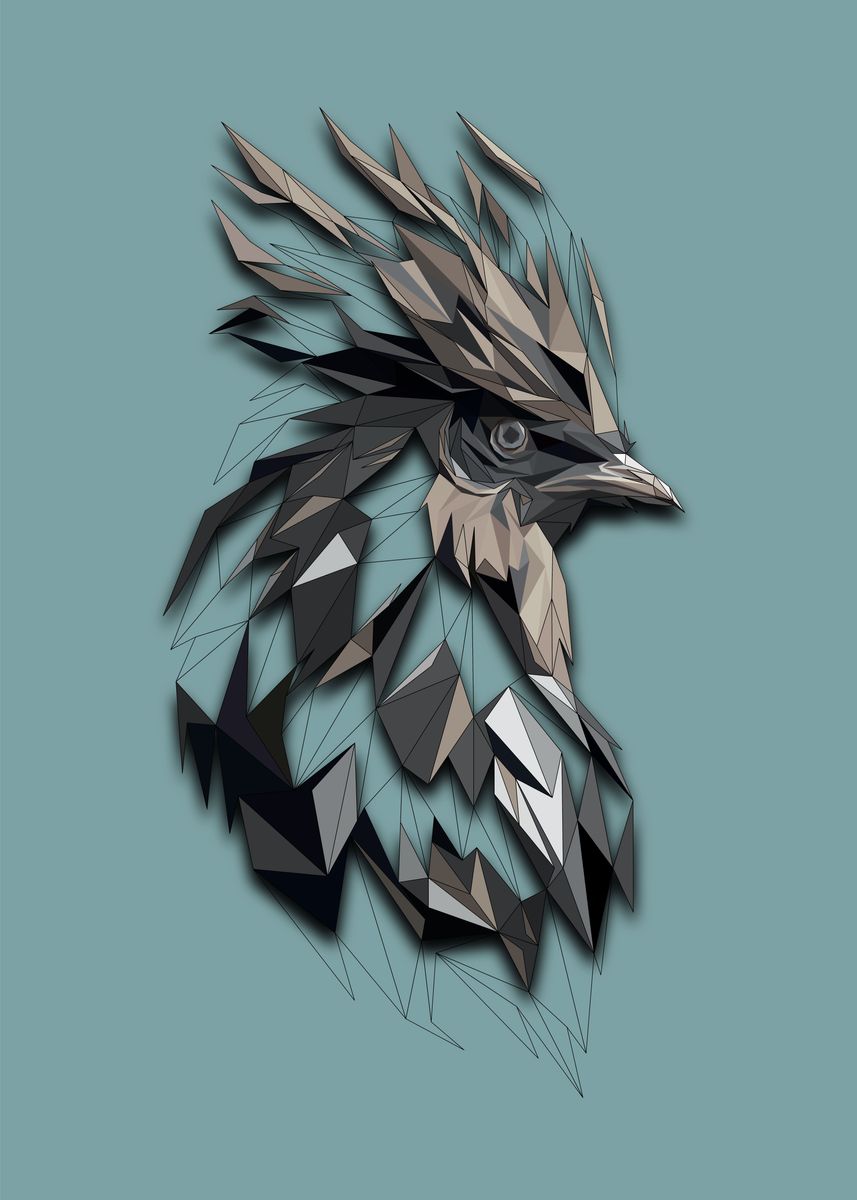 'Rooster Half Wireframe' Poster, picture, metal print, paint by Evanz ...