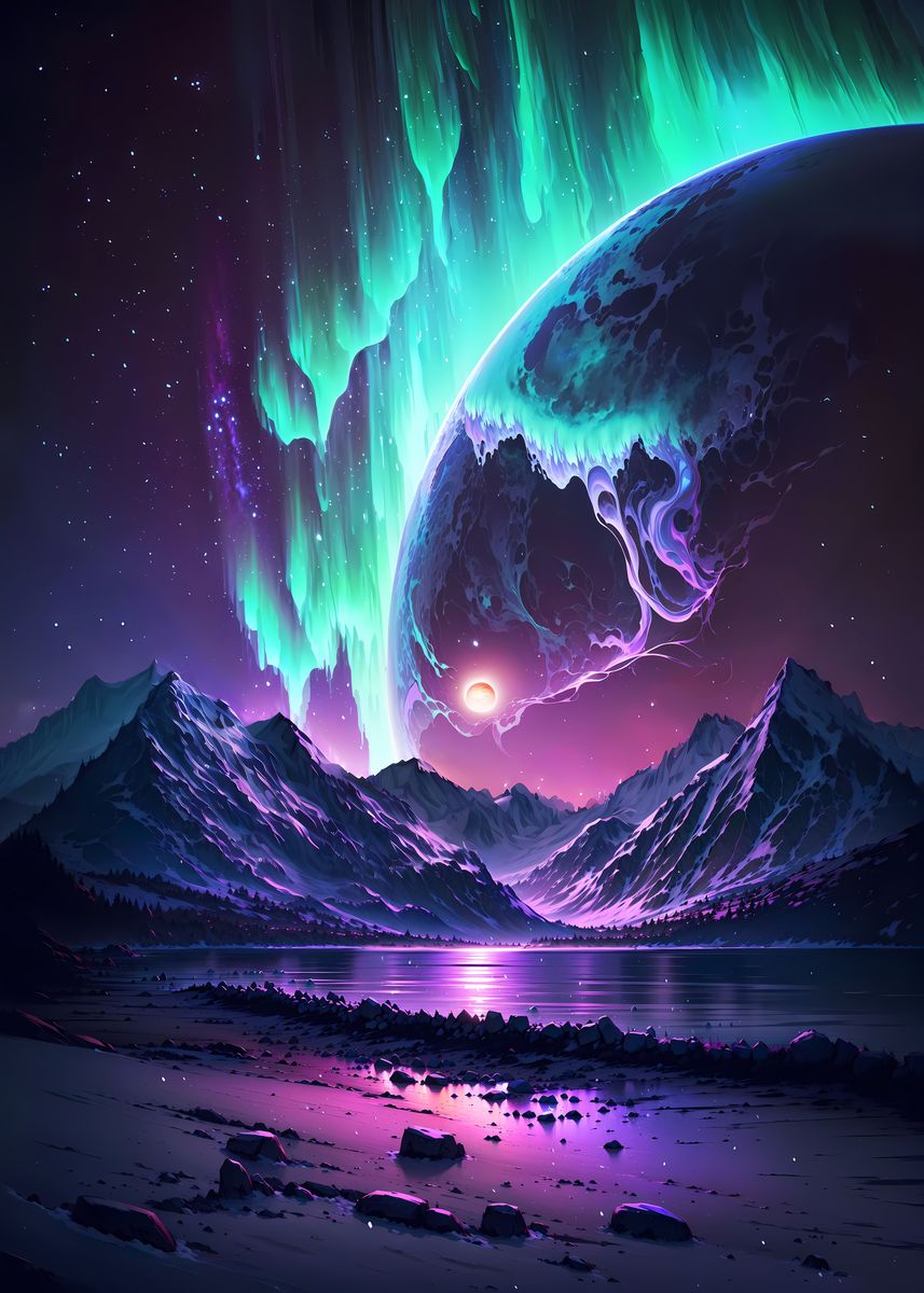 'Aurora Stellar Landscape' Poster, picture, metal print, paint by Luong Phat | Displate
