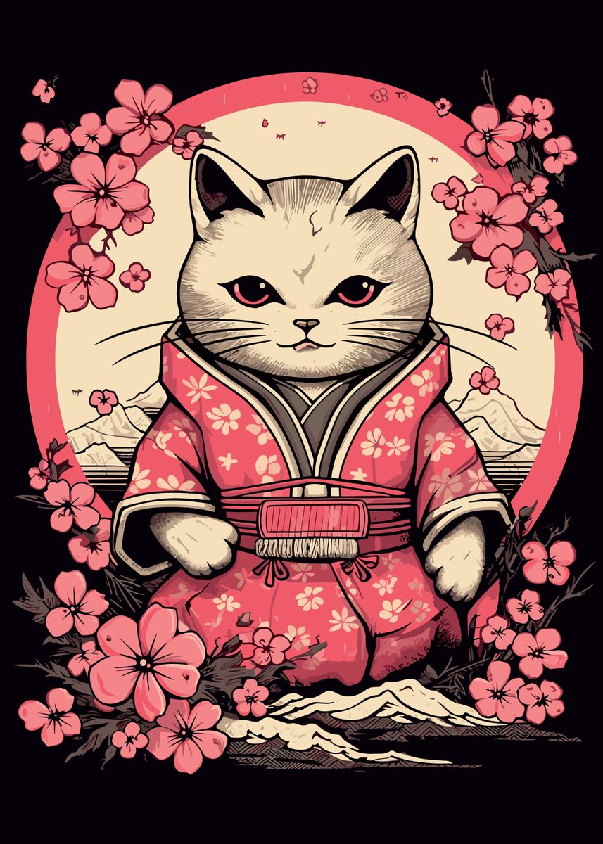 'Japanese Cat Cherryblossom' Poster by Neo Design | Displate