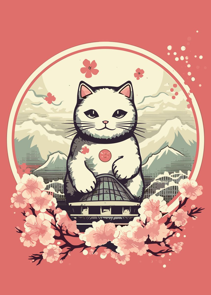 'Japanese Cat Landscape' Poster, picture, metal print, paint by Neo ...
