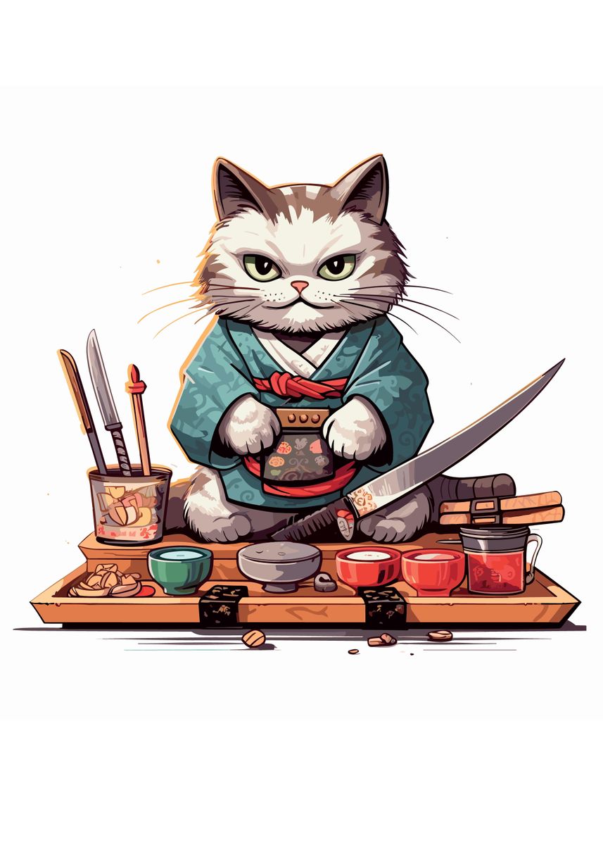 'Japanese Cat Cooking' Poster, picture, metal print, paint by Neo ...