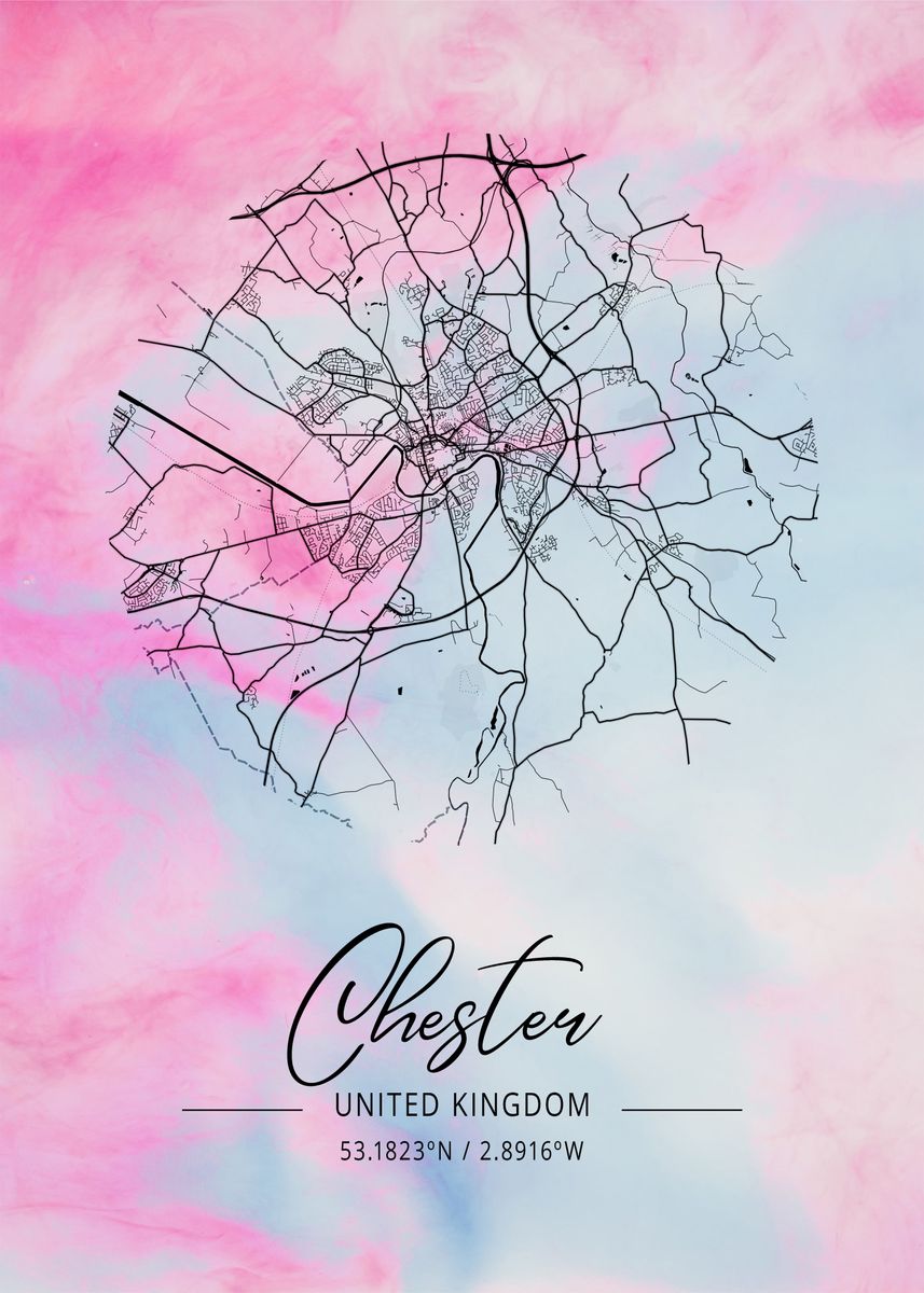 'Chester Beta WatercolorMap' Poster, picture, metal print, paint by ...