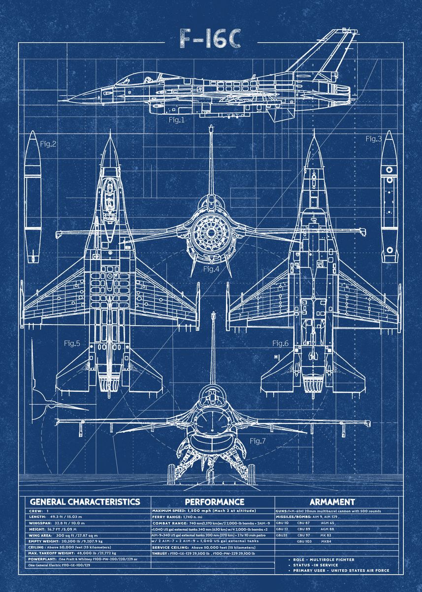 'F 16 Blueprint' Poster, picture, metal print, paint by DG ArtPrints ...