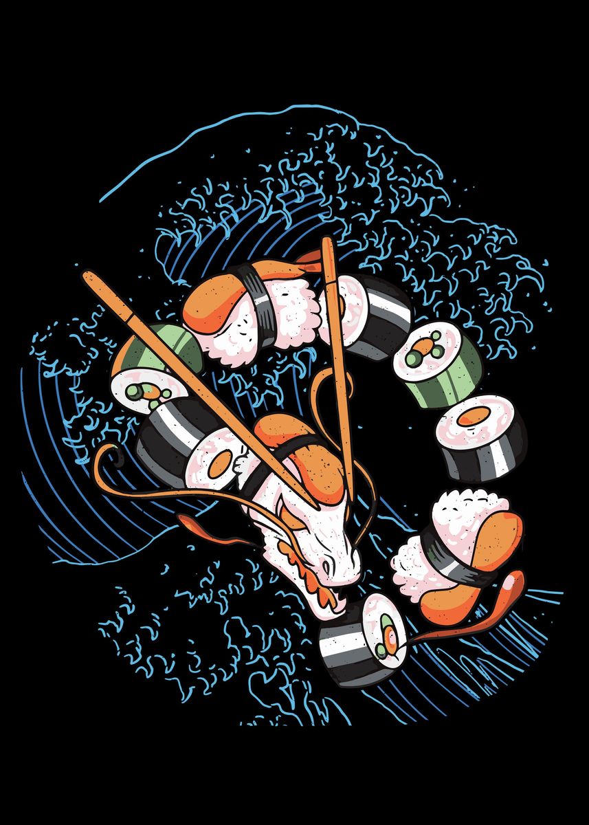 'Sushi dragon on wave' Poster, picture, metal print, paint by Chris ...