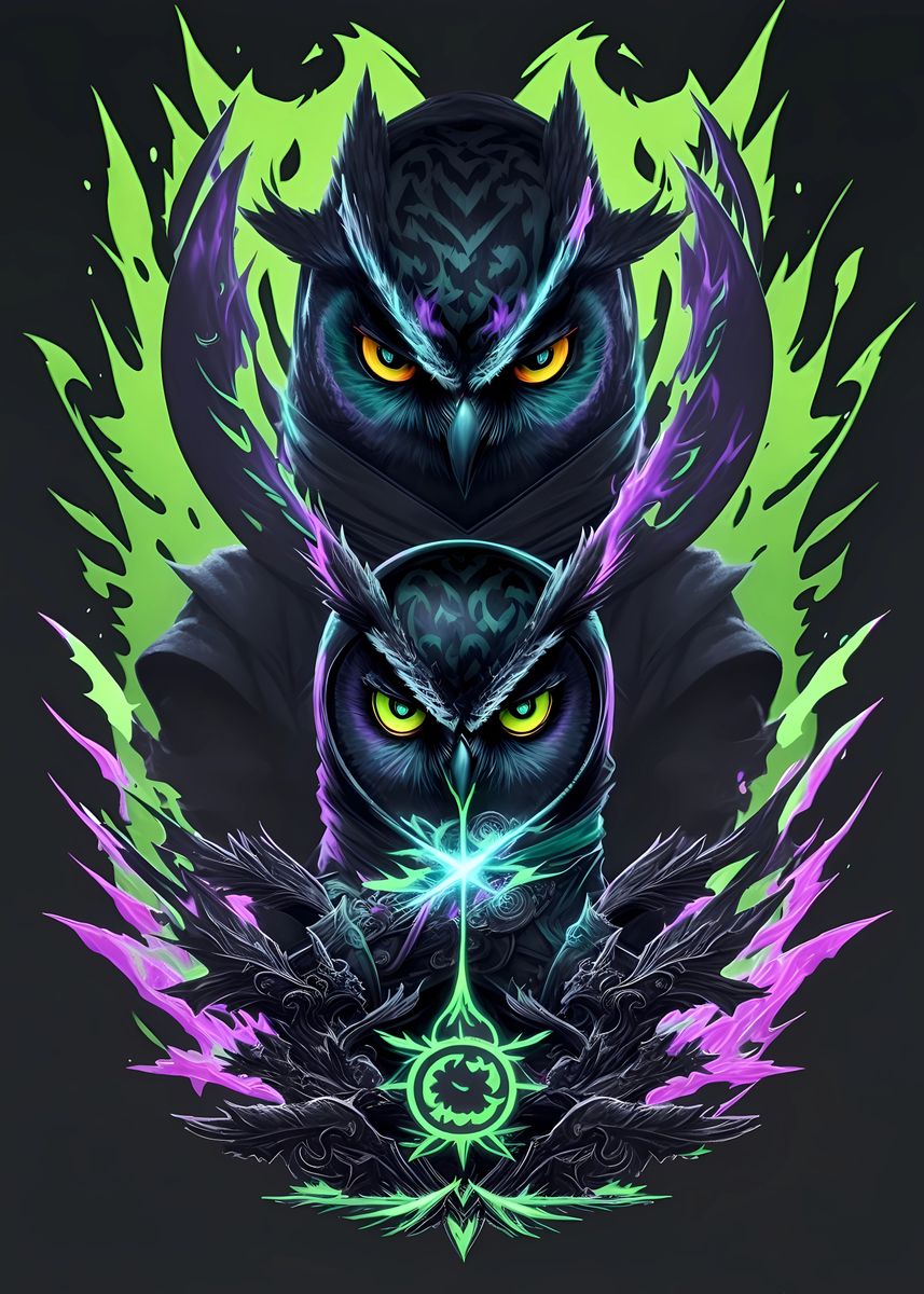 'Ninja owl and apprentice' Poster, picture, metal print, paint by Below Horizon | Displate