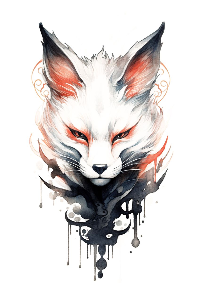 'Kitsune Fox Mask Ink Wash' Poster, picture, metal print, paint by ...