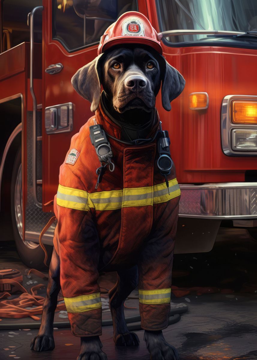 'Cute Funny Dog Firefighter' Poster, picture, metal print, paint by ...