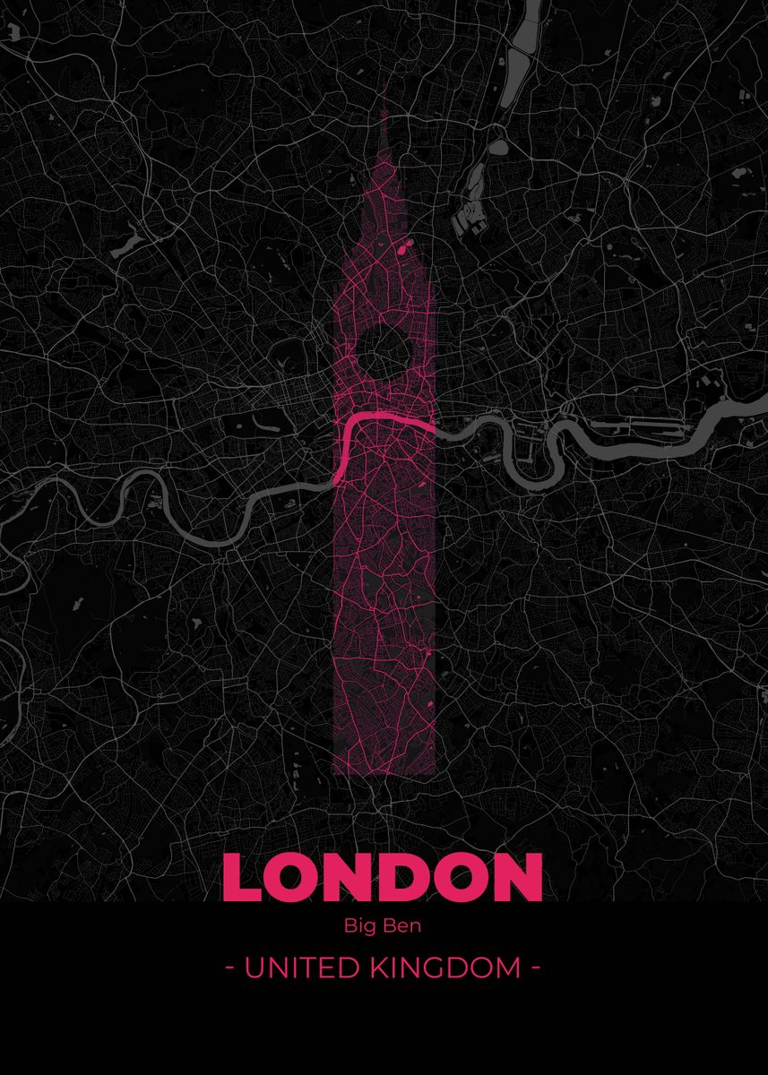 'London City Map Pink' Poster, picture, metal print, paint by Insaniel ...