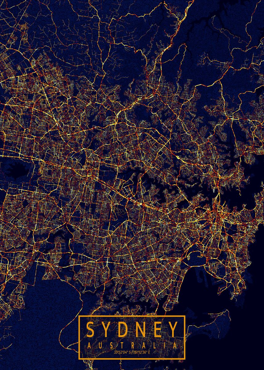 'Sydney Map City At Night' Poster, picture, metal print, paint by deMAP ...